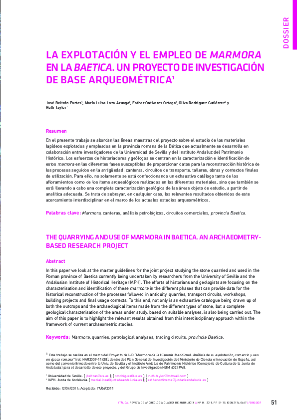 (PDF) La explotación y el empleo de" marmora" en la Baetica: un proyecto de investigación de ...