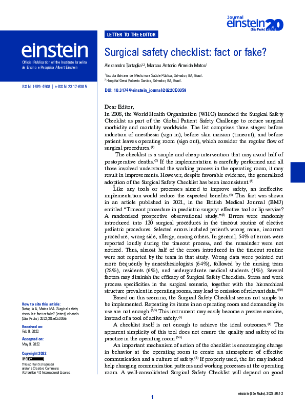 (PDF) Surgical safety checklist: fact or fake