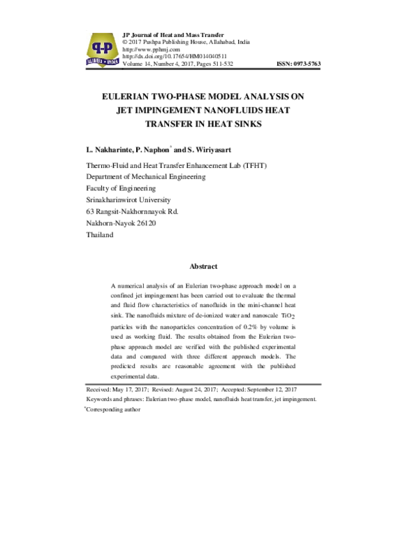 (PDF) Eulerian Two-Phase Model Analysis on Jet Impingement Nanofluids Heat Transfer in Heat Sinks