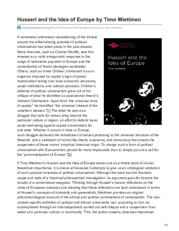 (PDF) Husserl and the Idea of Europe by Timo Miettinen