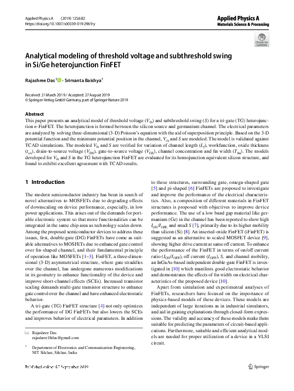 Pdf Analytical Modeling Of Threshold Voltage And Subthreshold Swing
