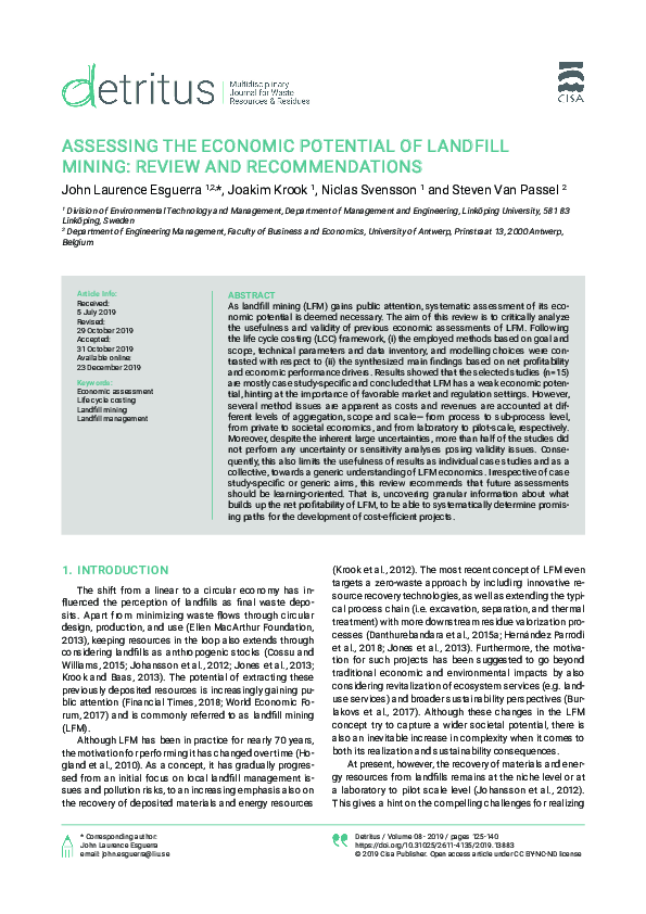 (PDF) Assessing the Economic Potential of Landfill Mining: Review and ...