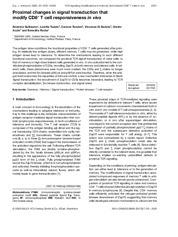 (PDF) Proximal changes in signal transduction that modify CD8+ T cell responsivenessin vivo