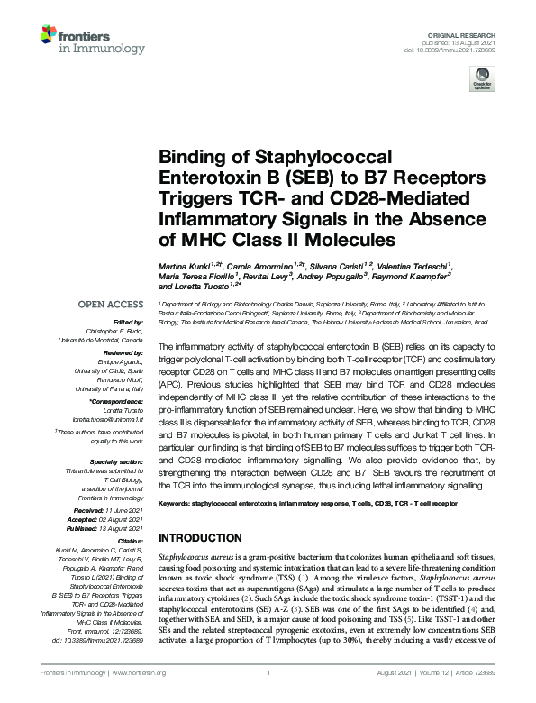 (PDF) Binding of Staphylococcal Enterotoxin B (SEB) to B7 Receptors Triggers TCR- and CD28 ...