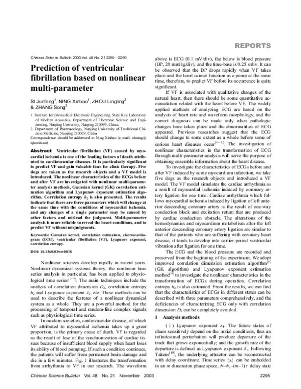 Pdf Prediction Of Ventricular Fibrillation Based On Nonlinear Multi