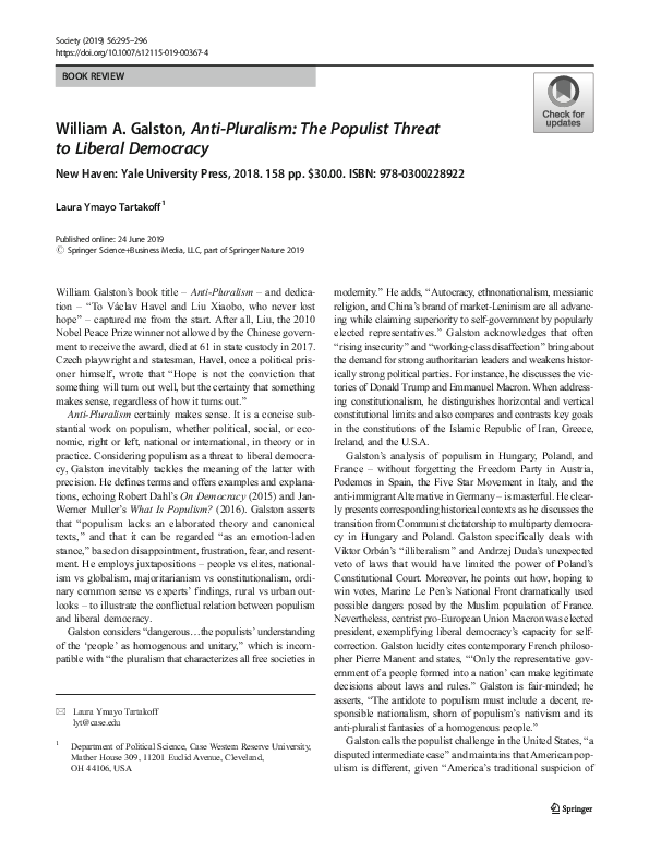 (PDF) William A. Galston, Anti-Pluralism: The Populist Threat to ...