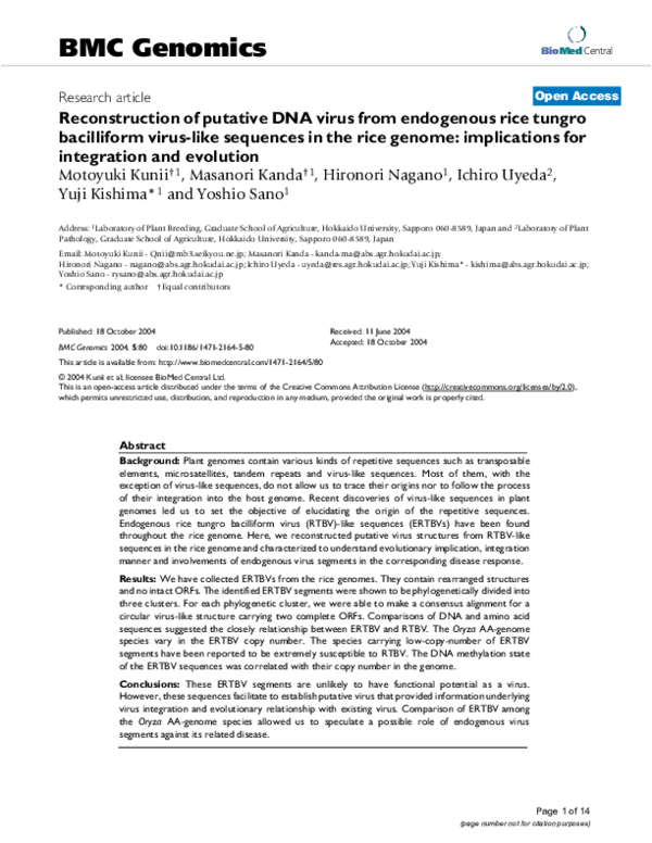 (PDF) Reconstruction of putative DNA virus from endogenous rice tungro ...