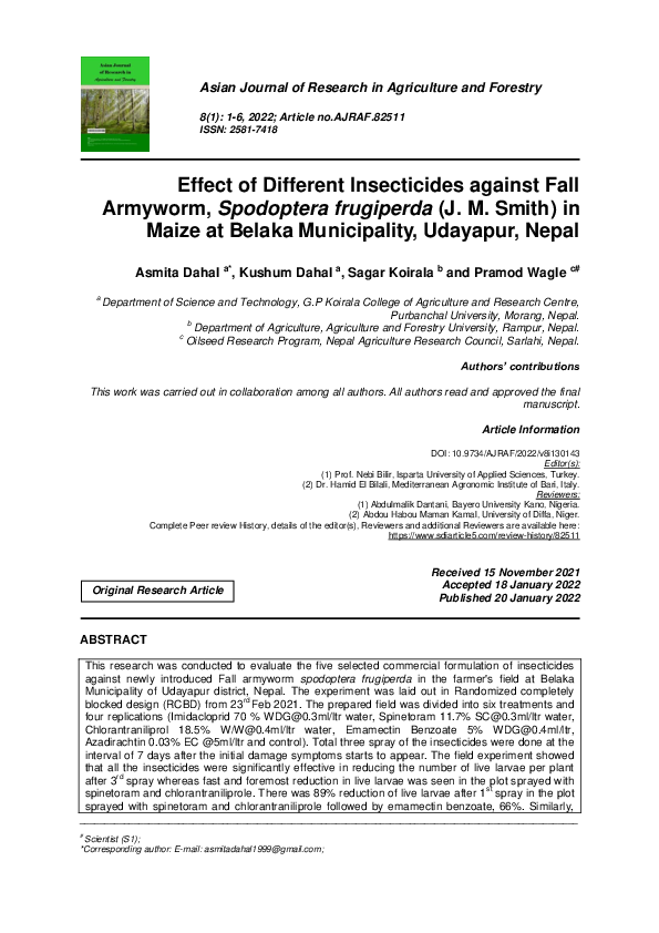 (PDF) Effect of Different Insecticides against Fall Armyworm, Spodoptera frugiperda (J. M. Smith ...