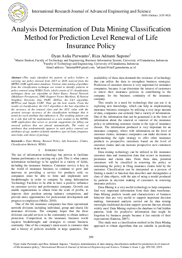 Pdf Analysis Determination Of Data Mining Classification Method For Prediction Level Renewal