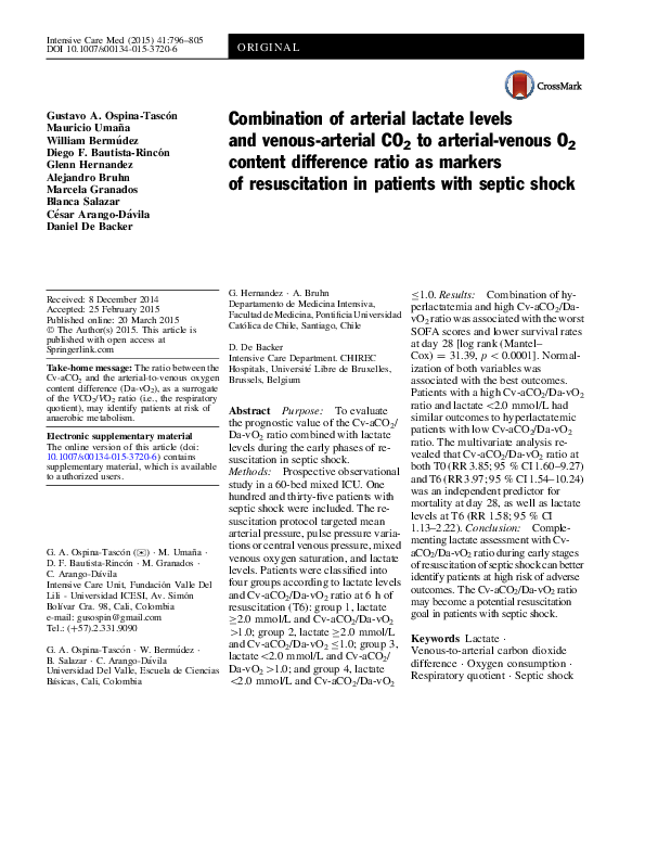 (PDF) Combination of arterial lactate levels and venous-arterial CO2 to ...