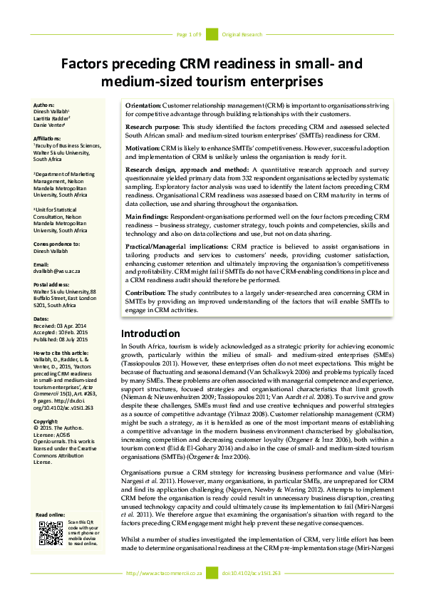 (PDF) Factors preceding CRM readiness in small- and medium-sized tourism enterprises