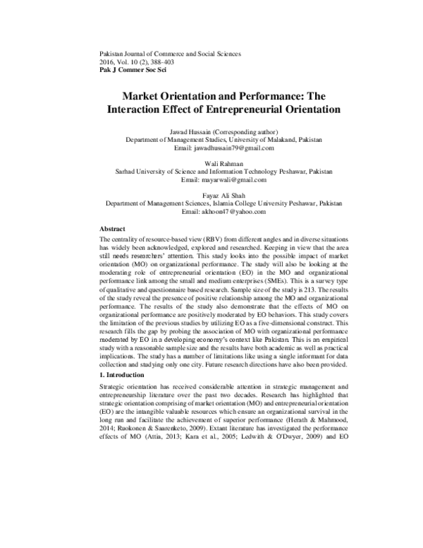 (PDF) Market orientation and performance: The interaction effect of entrepreneurial orientation