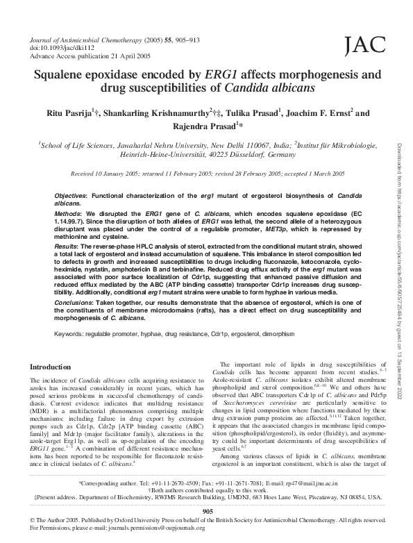 (PDF) Squalene epoxidase encoded by ERG1 affects morphogenesis and drug ...