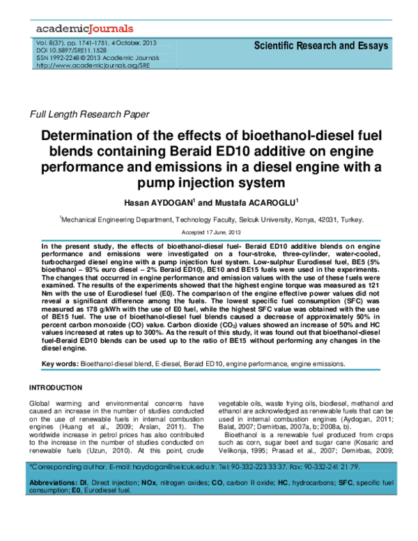 (PDF) Determination of the effects of bioethanol-diesel fuel blends ...
