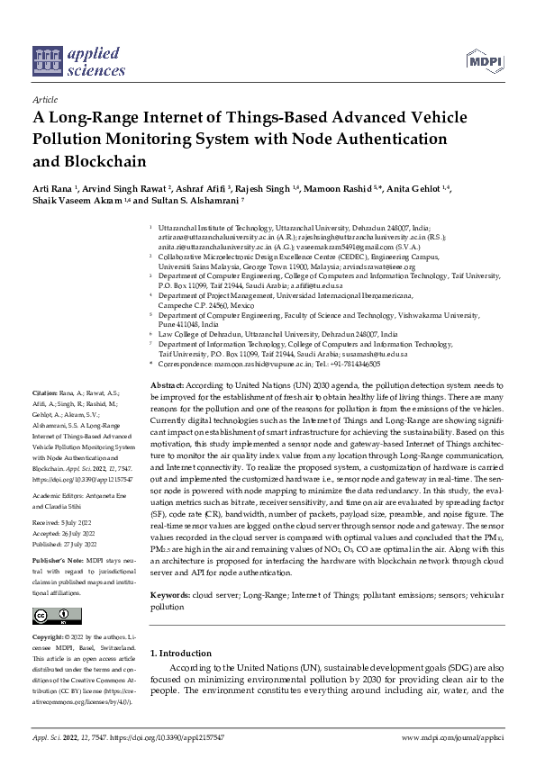 (PDF) A Long-Range Internet of Things-Based Advanced Vehicle Pollution Monitoring System with ...