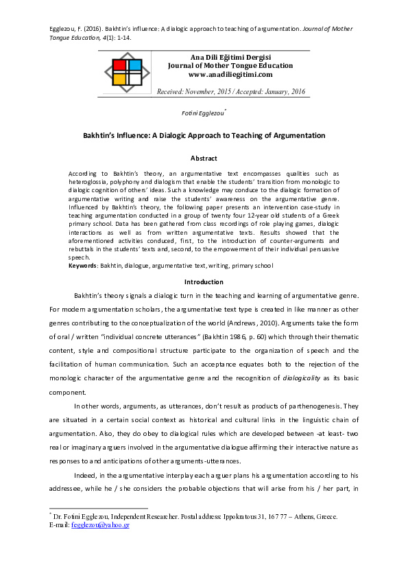 (PDF) Bakhtin’s Influence: Α Dialogic Approach to Teaching of Argumentation / Bahtin’in Etkisi ...