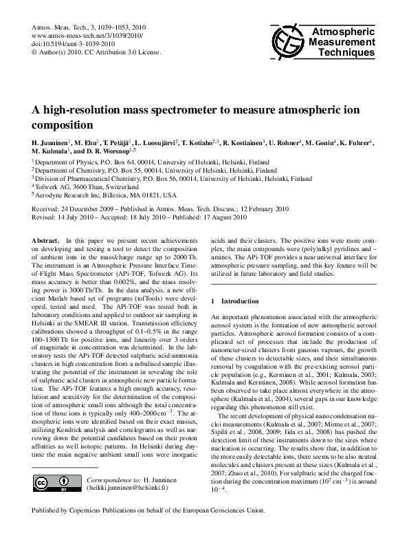 (PDF) A high-resolution mass spectrometer to measure atmospheric ion ...