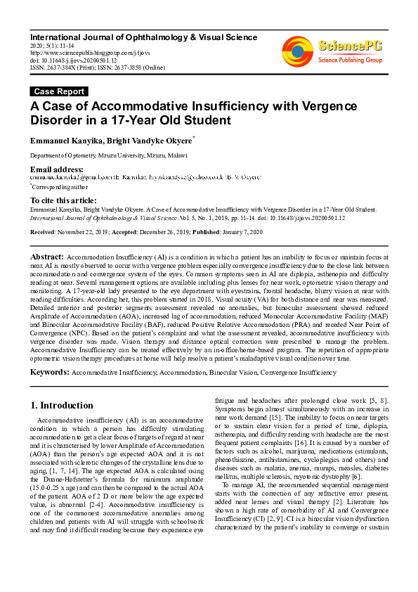 (PDF) A Case of Accommodative Insufficiency with Vergence Disorder in a ...