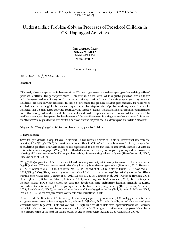 (PDF) Understanding problem-solving processes of preschool children in CS unplugged activities
