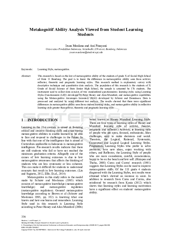 (PDF) Metakognitif Ability Analysis Viewed from Student Learning Students