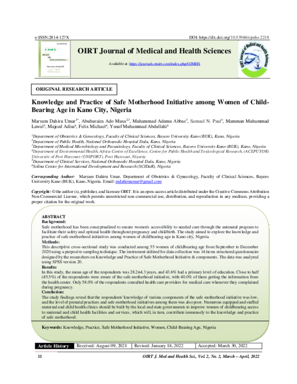 (PDF) Knowledge and Practice of Safe Motherhood Initiative among Women ...