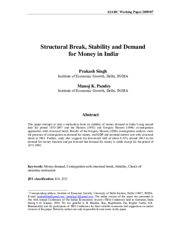 (PDF) Structural break, stability and demand for money in India