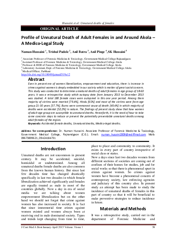 (PDF) Profile of Unnatural Death of Adult Females in and Around Akola ...
