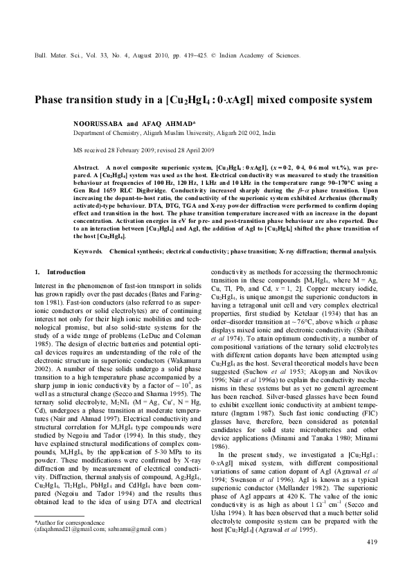 (PDF) Phase transition study in a [Cu2HgI4: 0·xAgI] mixed composite system