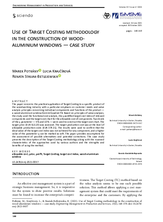 (PDF) Use of Target Costing methodology in the construction of wood-aluminium windows — case study