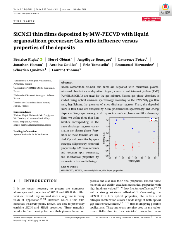 (PDF) SiCN:H thin films deposited by MW‐PECVD with liquid organosilicon ...
