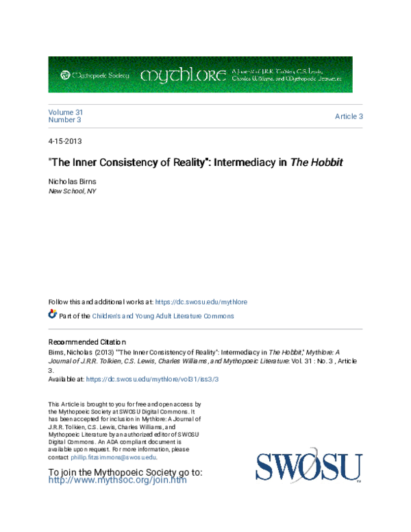 (PDF) The Inner Consistency of Reality": Intermediacy in the Hobbit ...