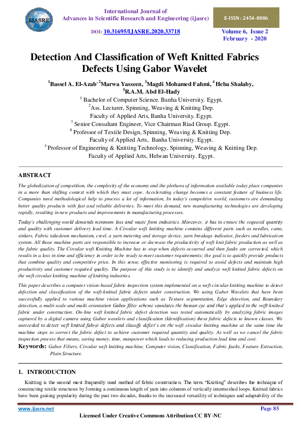 Pdf Detection And Classification Of Weft Knitted Fabrics Defects