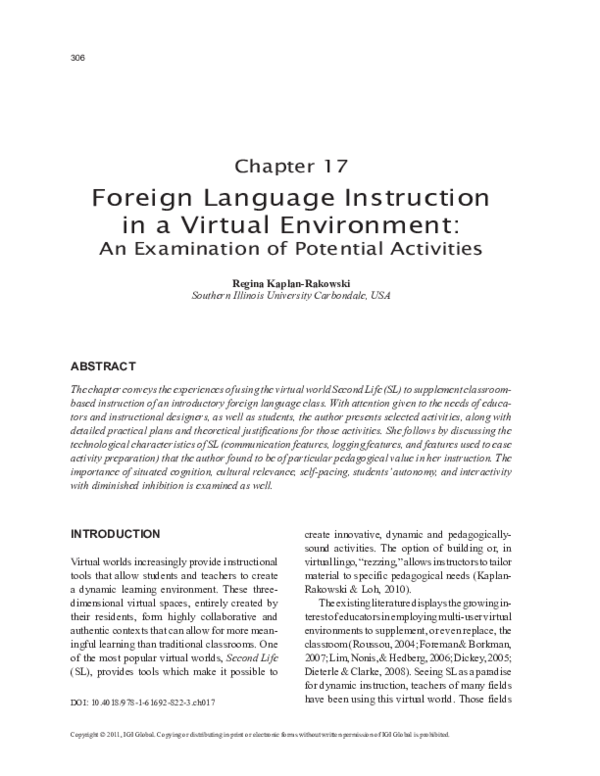 (PDF) Foreign Language Instruction in a Virtual Environment