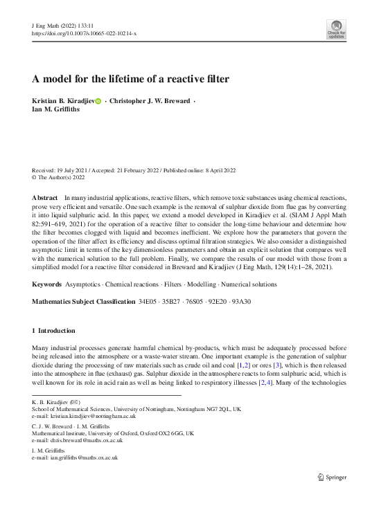(PDF) A model for the lifetime of a reactive filter