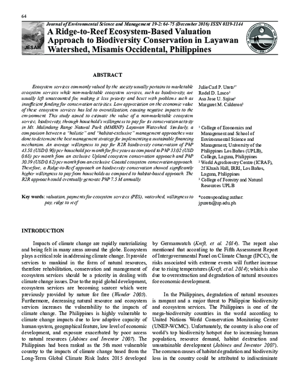 (PDF) A Ridge-to-Reef Ecosystem-Based Valuation Approach to ...