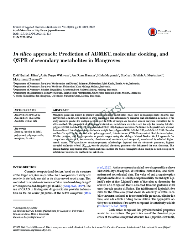 Pdf In Silico Approach Prediction Of Admet Molecular Docking And