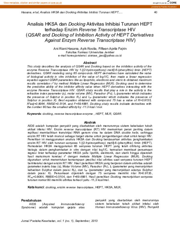 (PDF) Analisis HKSA dan Docking Aktivitas Inhibisi Turunan HEPT terhadap Enzim Reverse ...