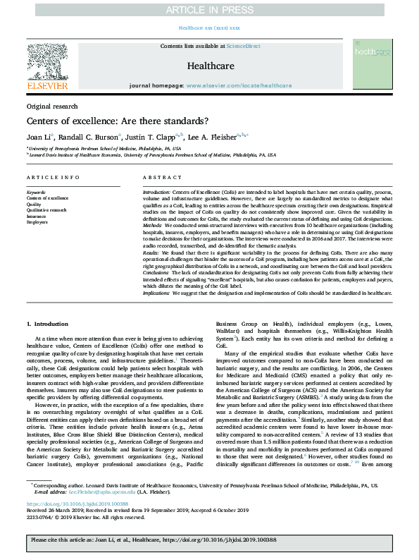 (PDF) Centers of excellence: Are there standards?