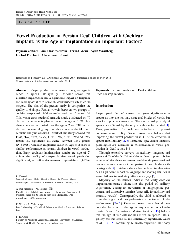 (PDF) Vowel Production in Persian Deaf Children with Cochlear Implant: is the Age of ...