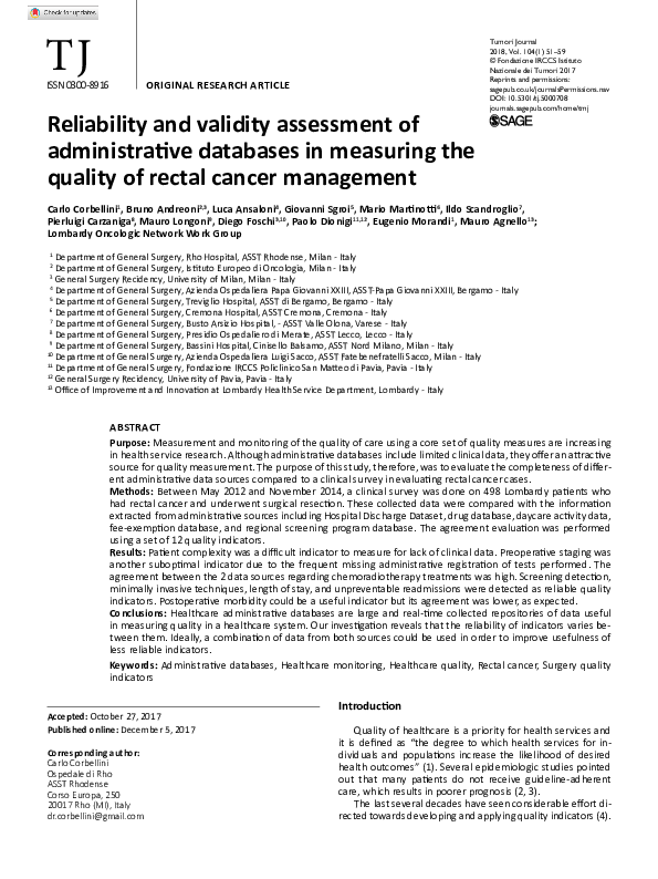 (PDF) Reliability and validity assessment of administrative databases in measuring the quality ...