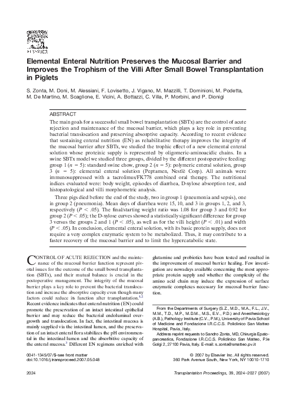 (PDF) Elemental Enteral Nutrition Preserves the Mucosal Barrier and ...