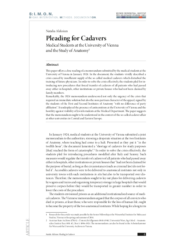 (PDF) Pleading for Cadavers: Medical Students at the University of ...