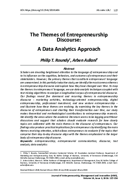 The Themes of Entrepreneurship Discourse: A Data Analytics Approach