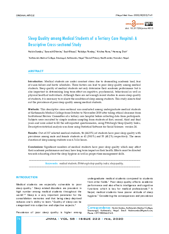(PDF) Sleep Quality among Medical Students of a Tertiary Care Hospital ...