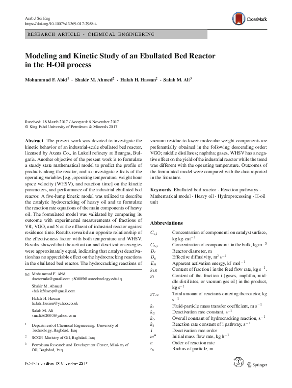 (PDF) Modeling and Kinetic Study of an Ebullated Bed Reactor in the H ...