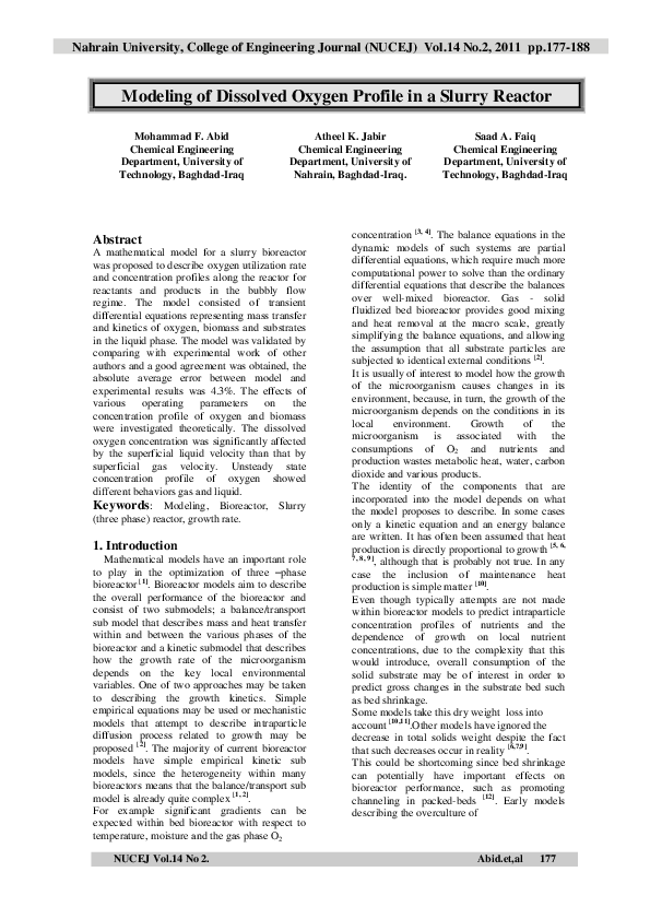 (PDF) Modeling of Dissolved Oxygen Profile in a Slurry Reactor