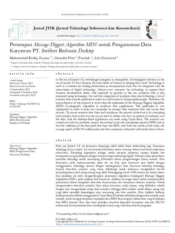 (PDF) Penerapan Message Diggest Algorithm MD5 untuk Pengamanan Data Karyawan PT. Swifect ...