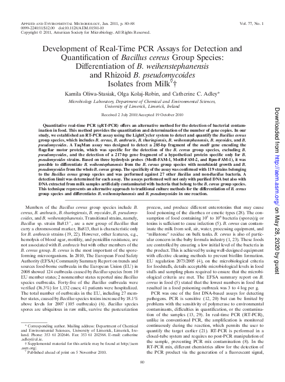 Pdf Development Of Real Time Pcr Assays For Detection And Quantification Of Bacillus Cereus