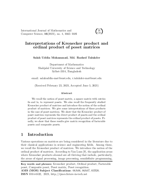 (PDF) Interpretations of Kronecker product and ordinal product of poset matrices