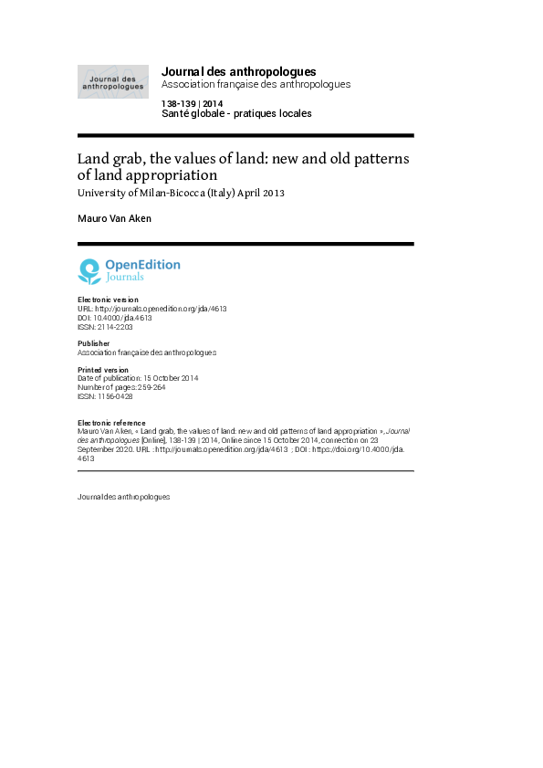 (PDF) Land grab, the values of land: new and old patterns of land ...